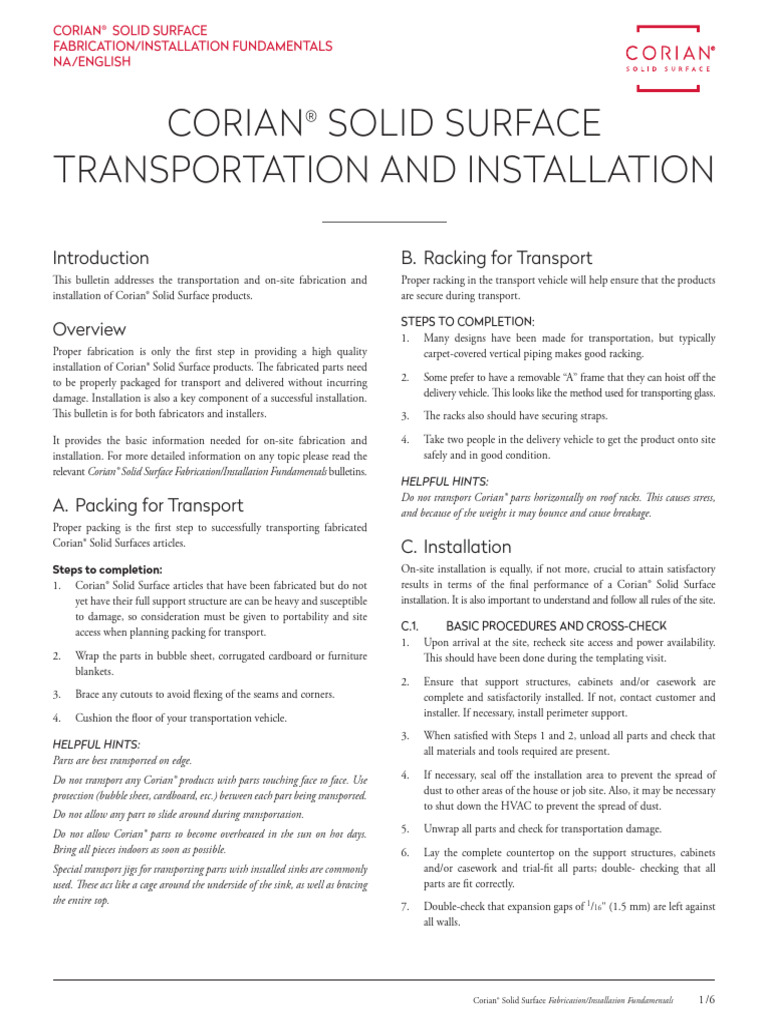 K-25299 Corian Solid Transportation and Installation - 102019 | PDF | Countertop | Adhesive