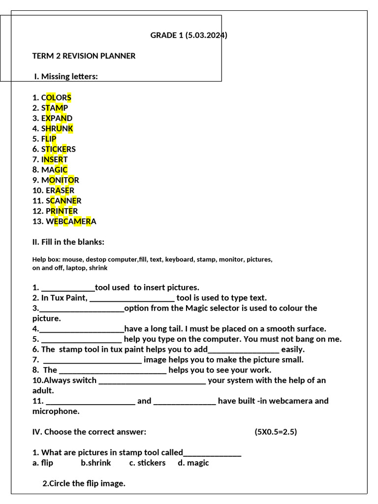 Grade 1 Revision Planner Term 2 2024 | PDF | Computing | Office Equipment