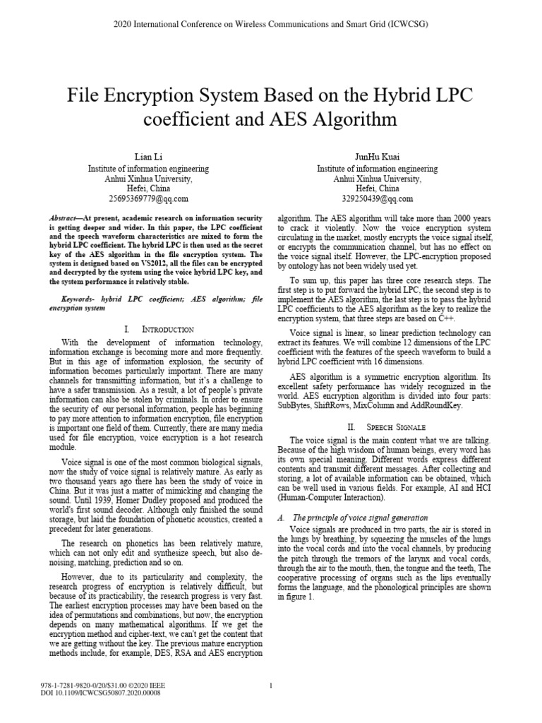 File Encryption System Based on the Hybrid LPC Coefficient and AES | PDF