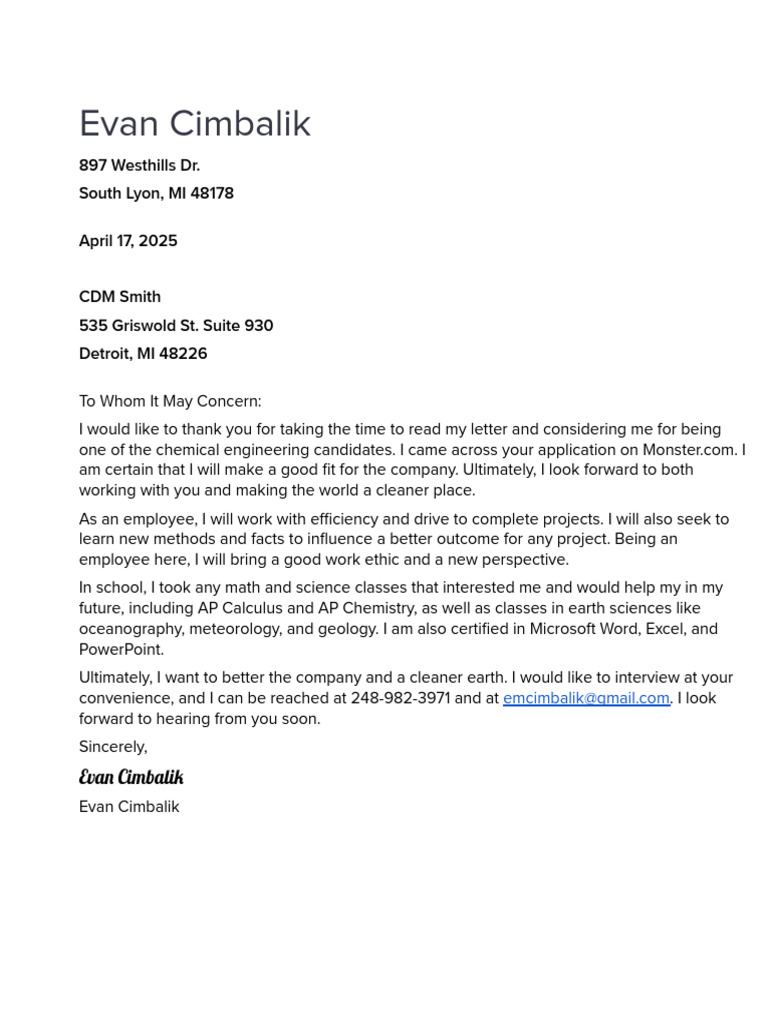Chemical Engineering Job Application Letter | PDF