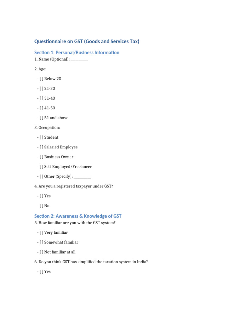GST Questionnaire | PDF