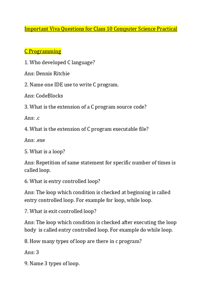 Key Viva Questions for Class 10 CS | PDF | Html Element | Html