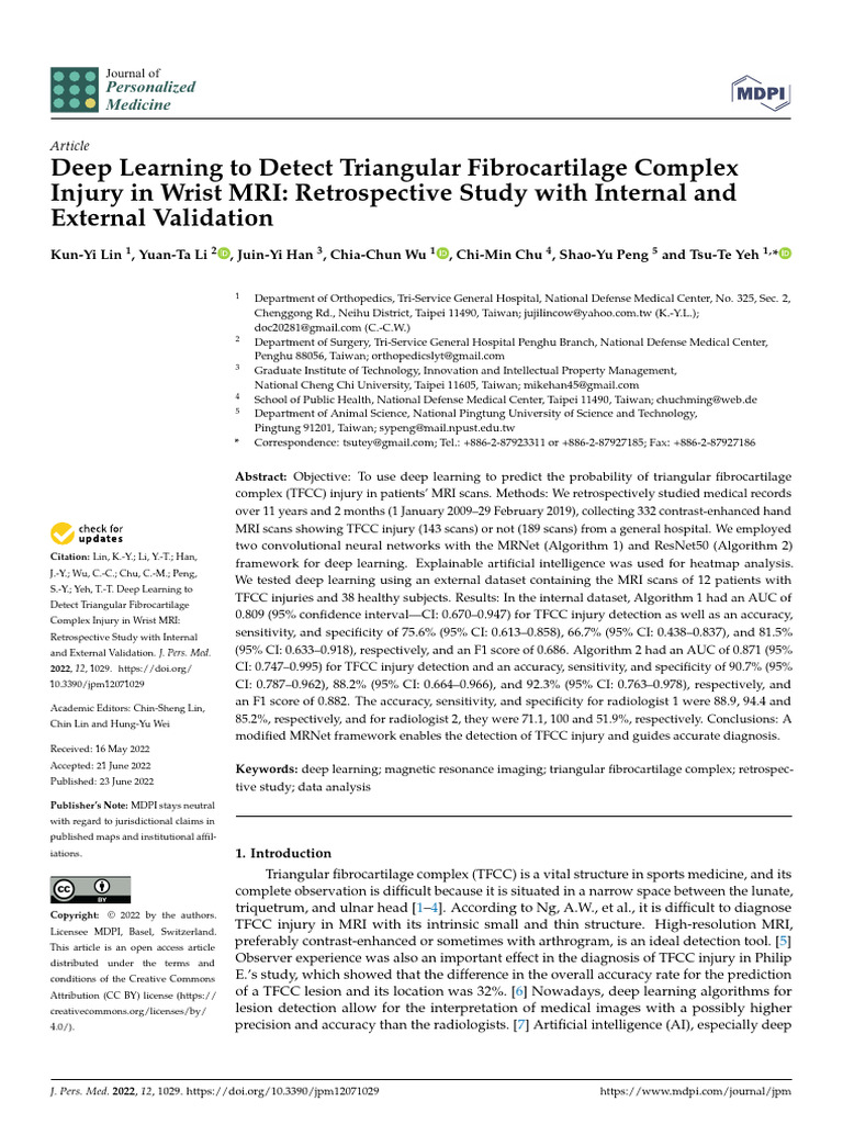 Deep Learning To Detect Triangular Fibrocartilage Complex | PDF | Receiver Operating ...