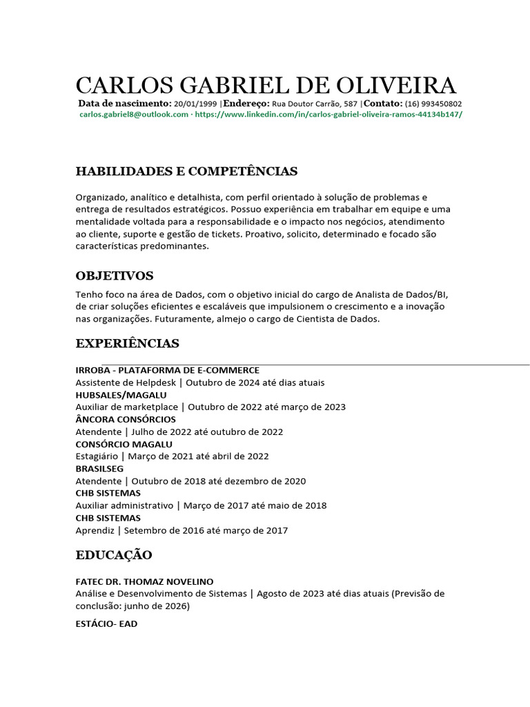 Carlos Gabriel: Trajetória em CHB Sistemas | PDF