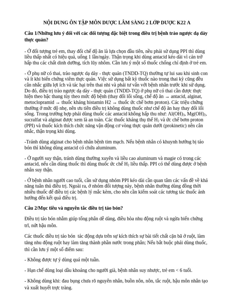 GỬI NỘI DUNG ÔN TẬP DƯỢC LÂM SÀNG 2 K22 A | PDF