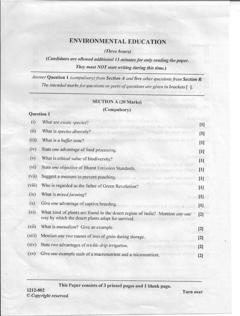 ISC 2012 Environmental Education Question Paper | PDF