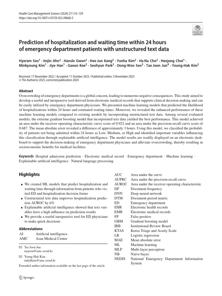 Prediction of hospitalization and waiting time within 24 hours of emergency department patients ...