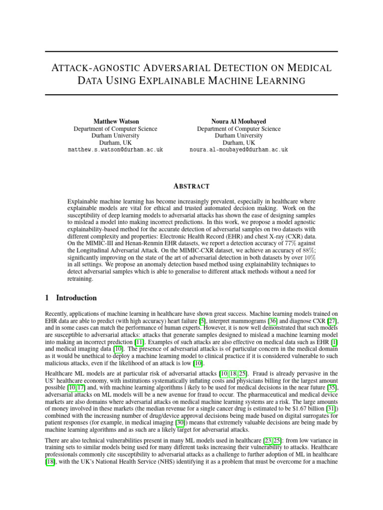 Attack-agnostic Adversarial Detection on Medical Data Using Explainable Machine Learning | PDF ...