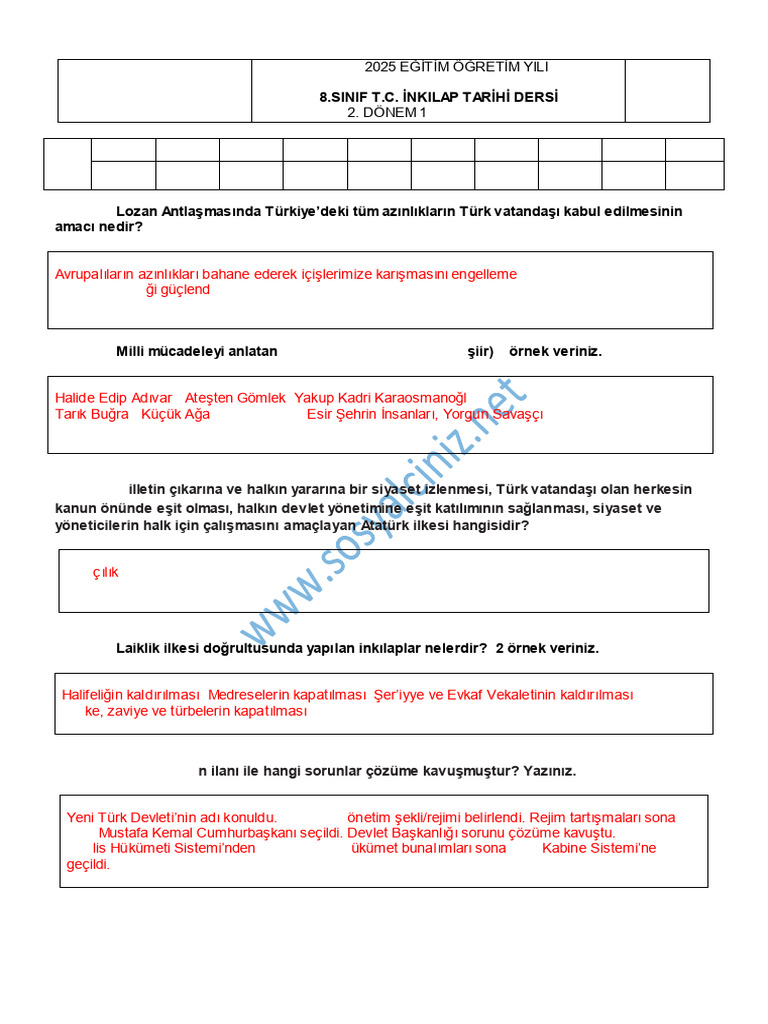 2024 2025 8. Sinif T.C. Inkilap Tarihi 2.donem 1. Yazili 10 Soru Cevapli | PDF