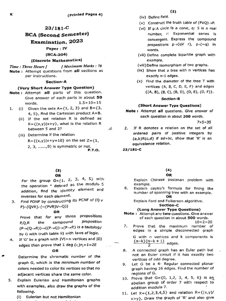 Bca 2 Sem Discrete Mathematics 23 181 C 2023 | PDF