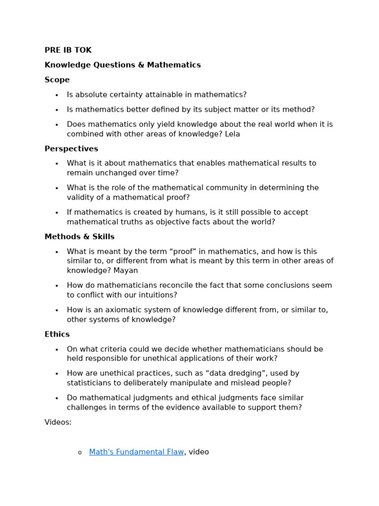 PRE IB TOK Knowledge Questions in Mathematics | PDF