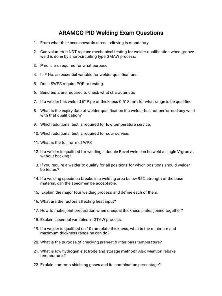 Aramco Pid Welding Exam Questions Pdf