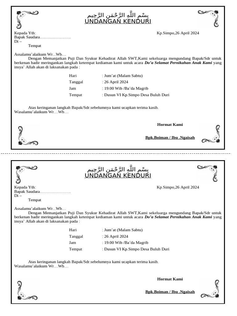 Undangan Kenduri Fajar Sindi | PDF