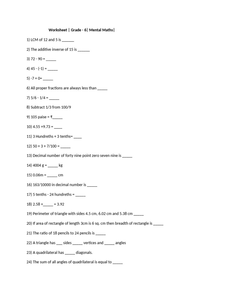 Grade 6 Worksheet Mental Maths | PDF