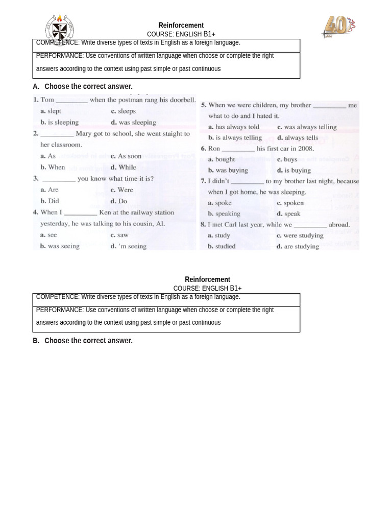 B1 + Unit 2 (Past Simple Vs Cont.) Reinforcement | PDF