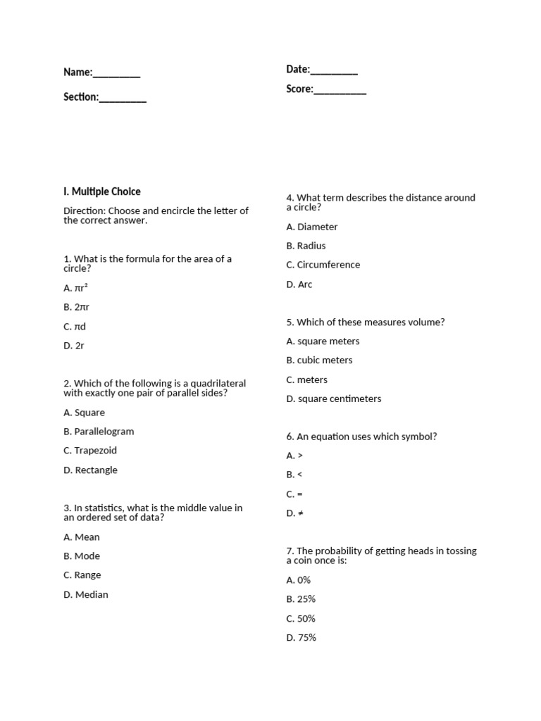 Test Questionnaire-WPS Office | PDF | Area | Circle
