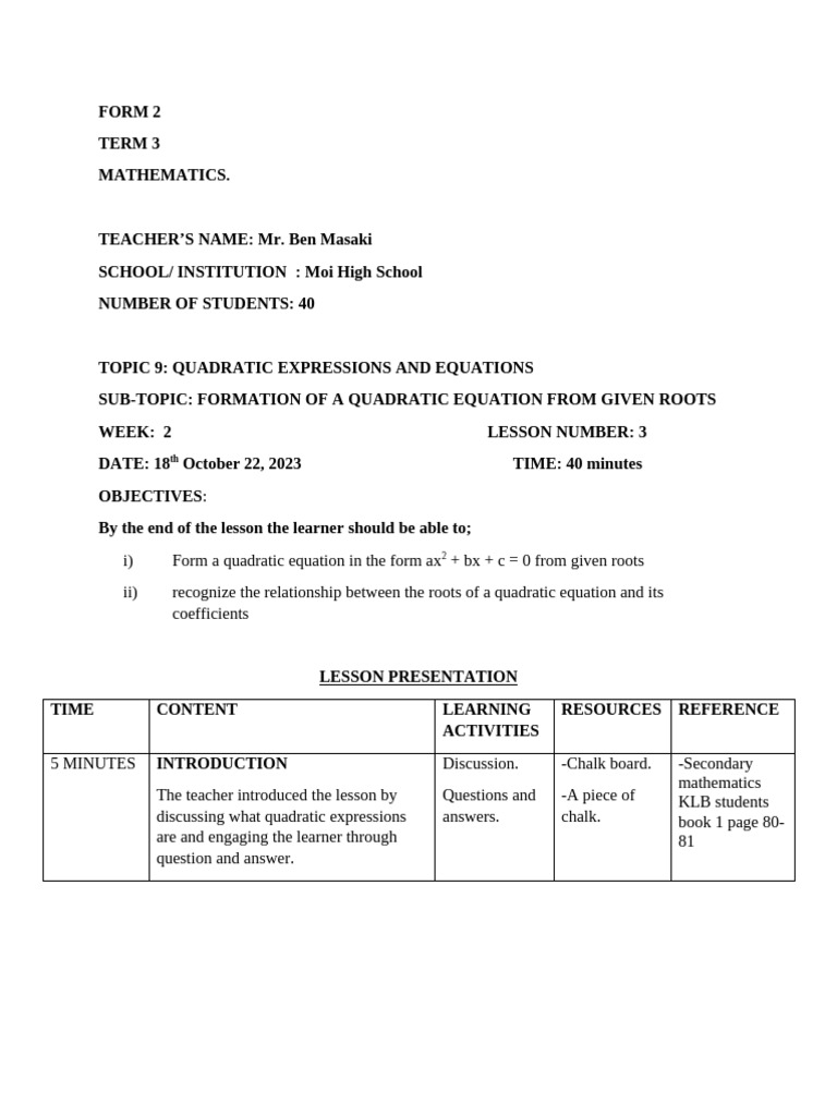 Mathematics Lesson Plans | PDF | Quadratic Equation | Elementary ...