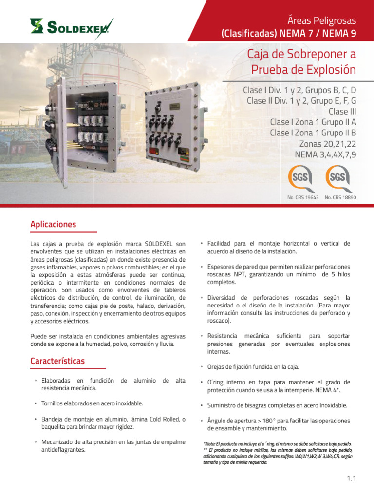 Caja A Prueba de Explosion Nema 7 para Areas Peligrosas Marca Soldexel Ficha Tecnica | PDF ...