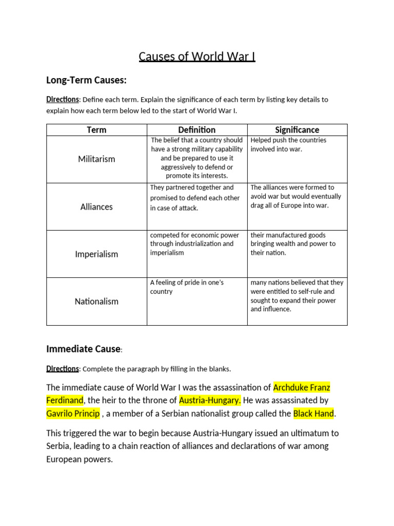 Causes of WWI Assignment 2 | PDF