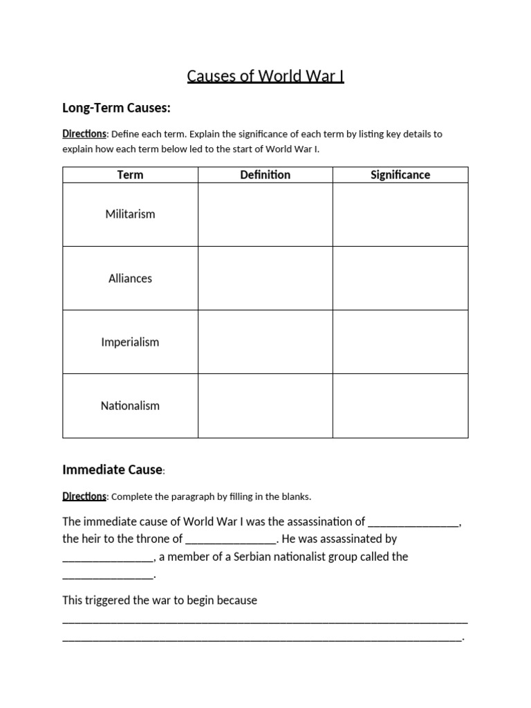 Causes of WWI Assignment | PDF