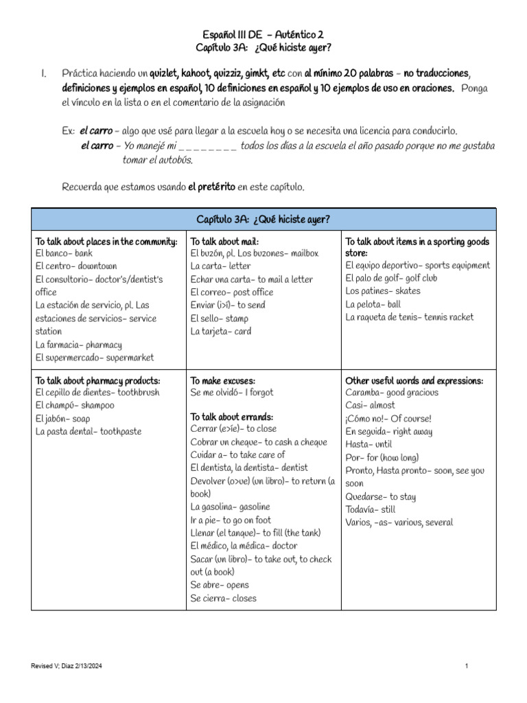 DE SP III Vocabulario 3A ¿Qué Hiciste Ayer - MASTER | PDF
