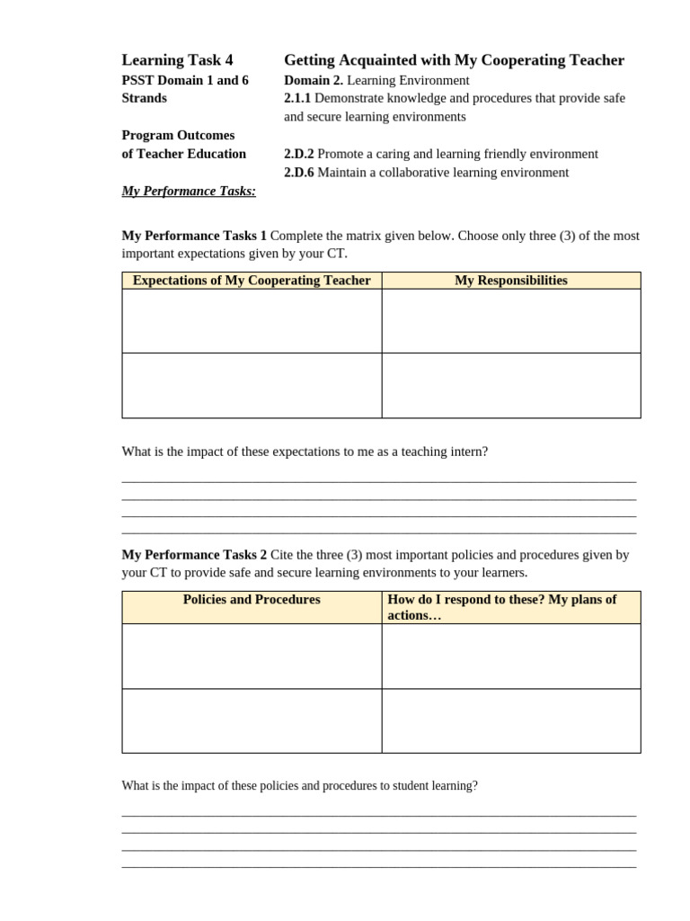 Learning Tasks 4 Getting Acquainted With My Cooperating Teacher | PDF ...