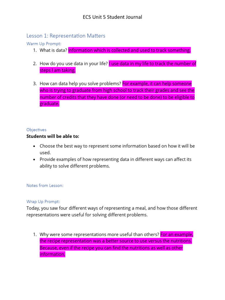 ECS Unit 5 Student Journal For Chapter 1 | PDF | Code | Information