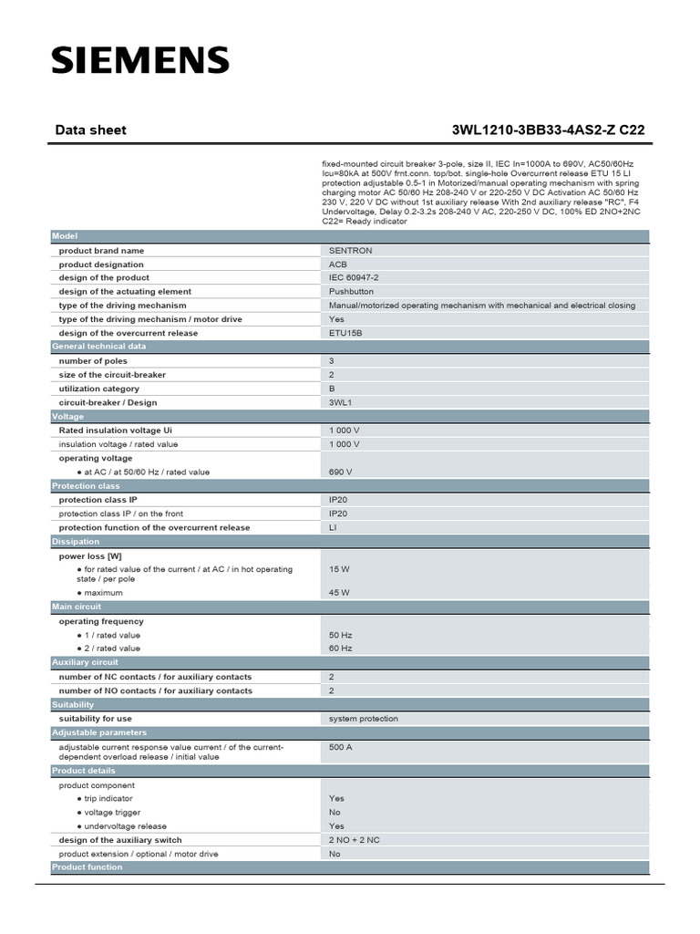 3WL12103BB334AS2-Z+C22 Datasheet En | PDF | Alternating Current | Mains Electricity