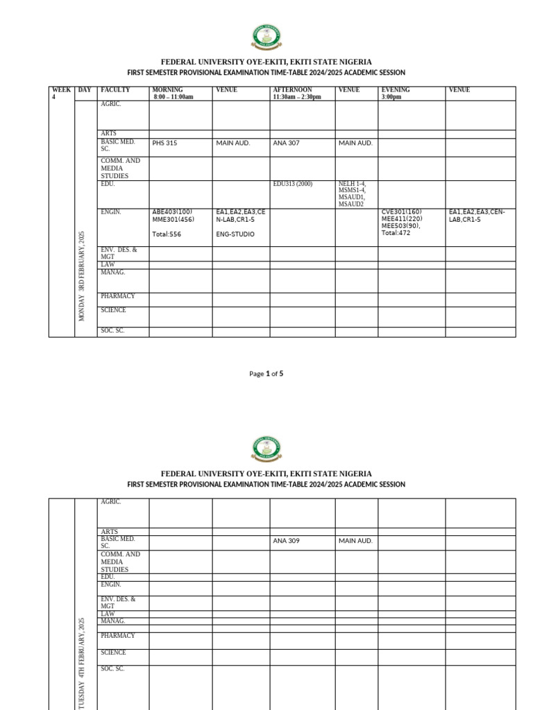 FOUO 2024/2025 Exam Timetable | PDF | Educational Institutions | Academia