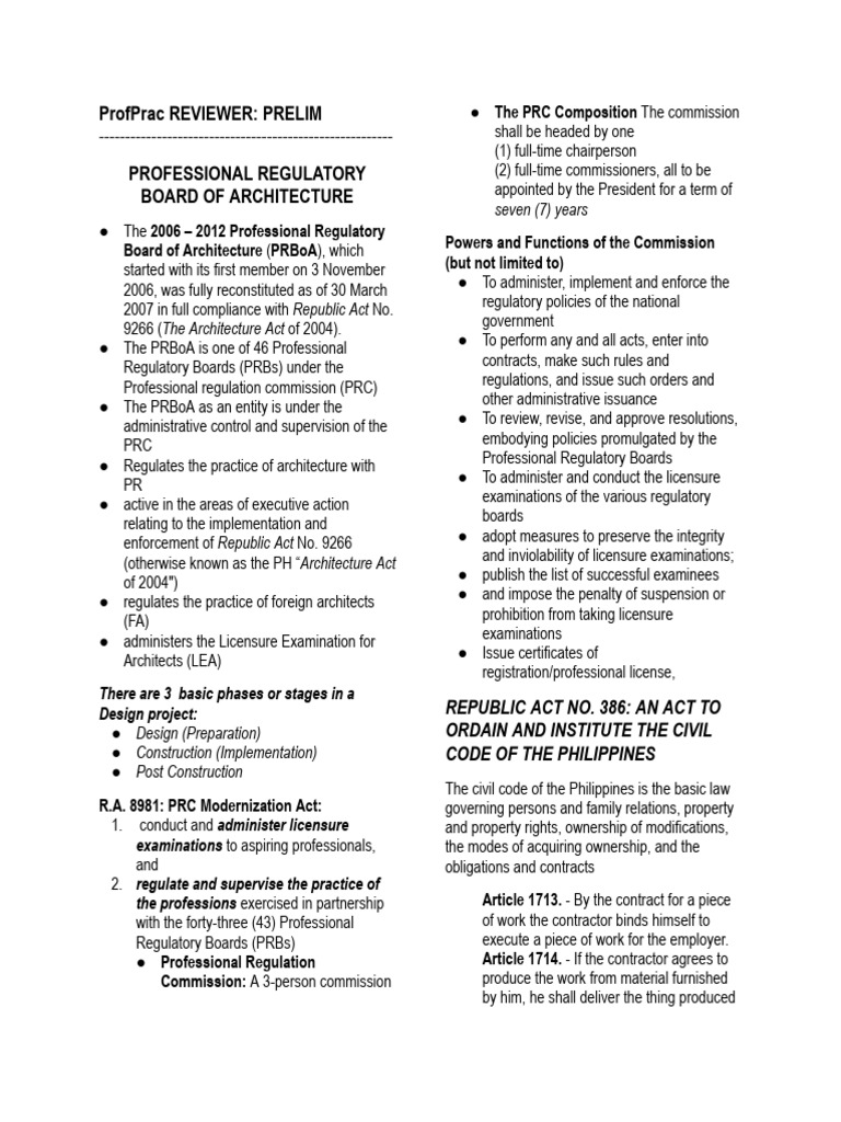 ProfPrac REVIEWER - PRELIM | PDF | Architect | Identity Document