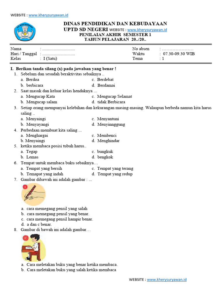 SOAL & Jawaban PAS KLS 1 TEMA 1 Ver. 1 - WEBSITE WWW - Kherysuryawan.id | PDF
