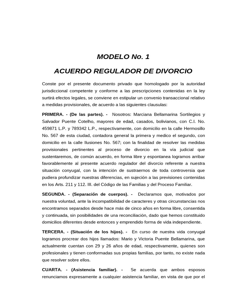 MODELO No. 1 ACUERDO REGULADOR DE DIVORCIO | PDF | Divorcio | Justicia