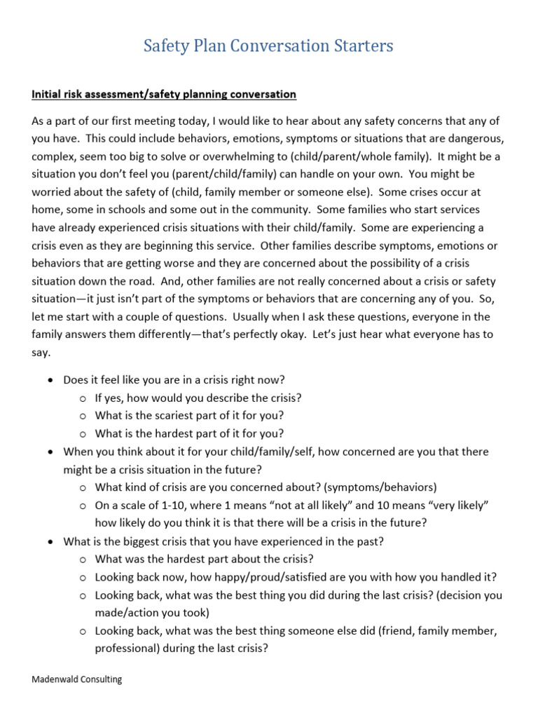 Safety Planning Conversation Starters | PDF | Communication | Risk
