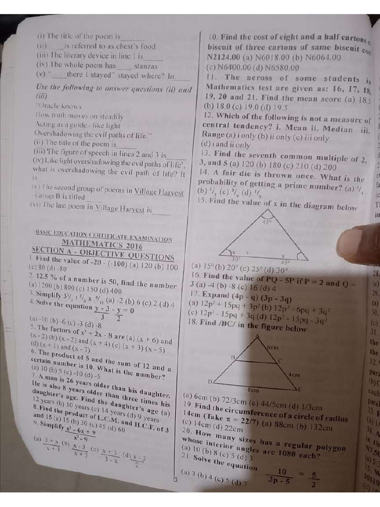Oyo State BECE Mathematics Questions 2 | PDF