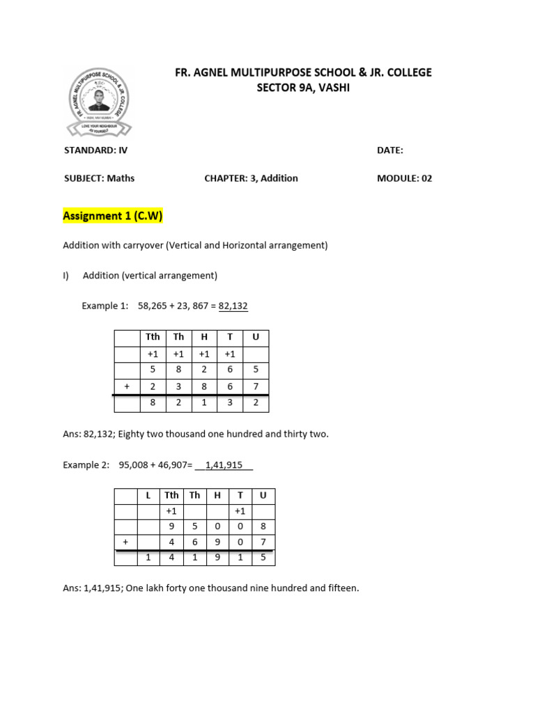 C.W-H.W Chapter 3 Addition Module 2 Math STD IV | PDF
