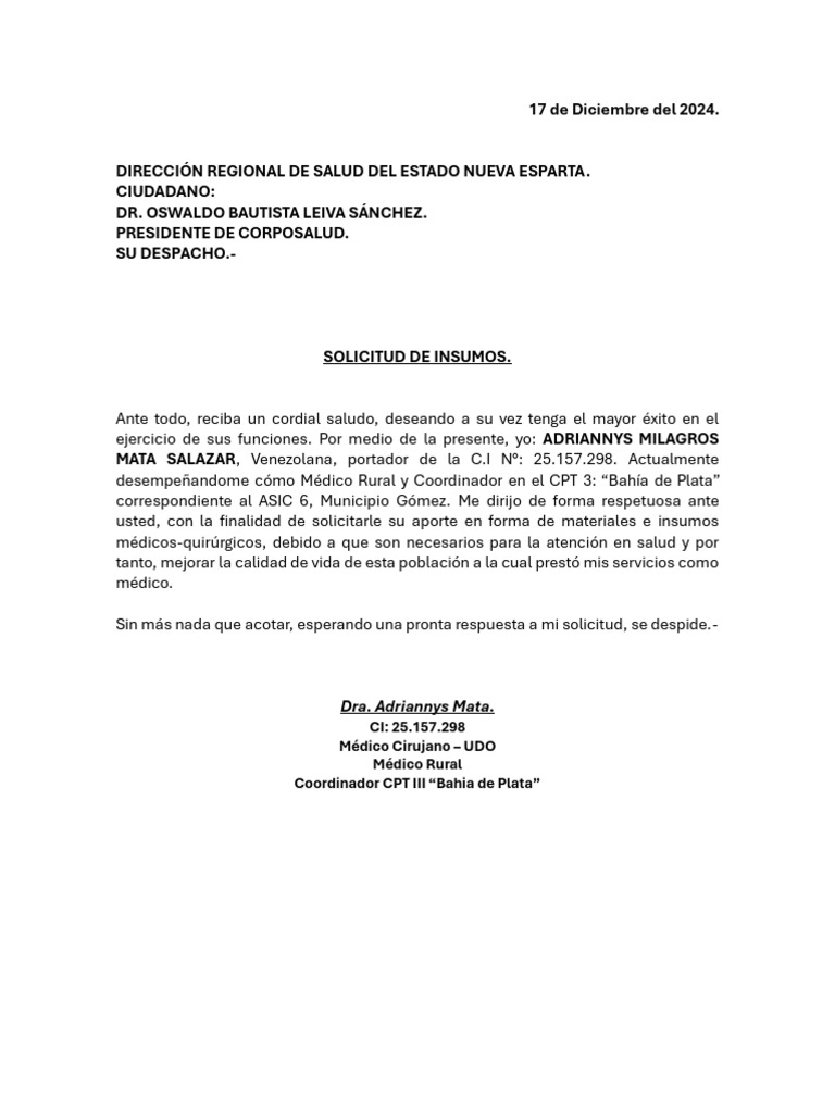 Solicitud de Insumos CPT3 Bahia de Plata | PDF