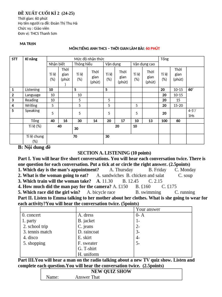ĐỀ XUẤT anh 9 CK2 (24-25) HÀ THANH SƠN | PDF | Time Management | Professional Skills