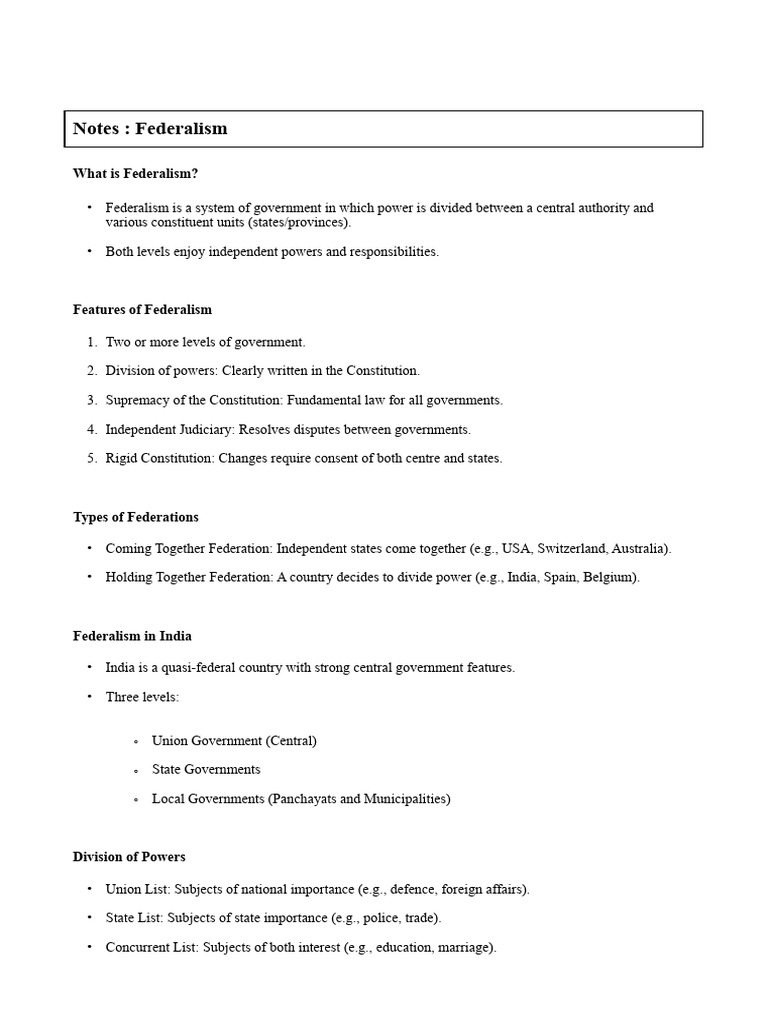 Notes Chapter 2 Federalism Class 10 | PDF
