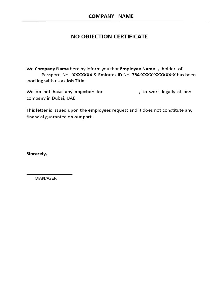 No Objection Certificate - Sample | PDF