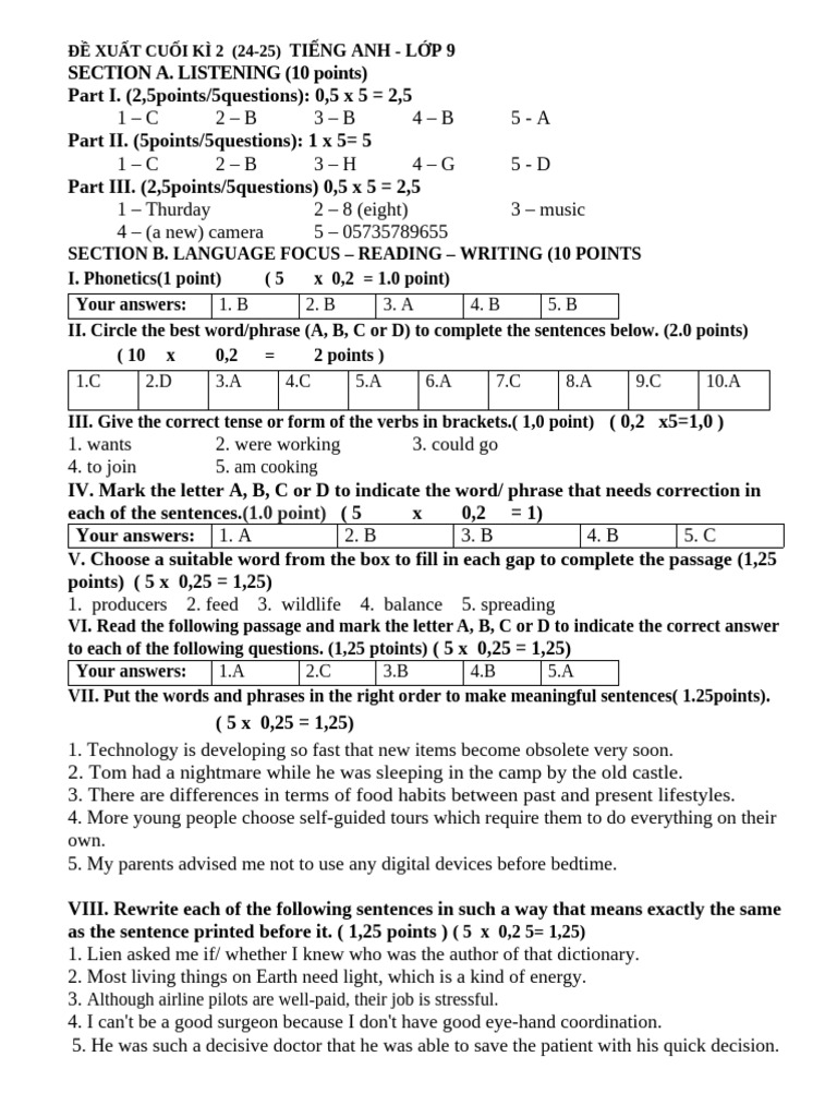 KEY ĐỀ XUẤT CK2 (24-25) HÀ THANH SƠN | PDF | Linguistic Typology | Grammar