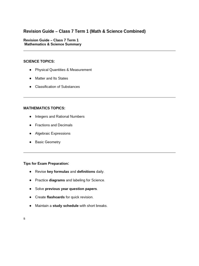 Revision Guide – Class 7 Term 1 (Math & Science Combined) | PDF