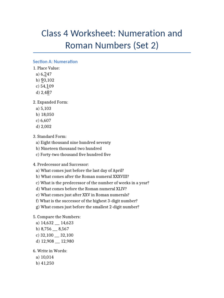 Class 4 Numeration Roman Worksheet 2 | PDF