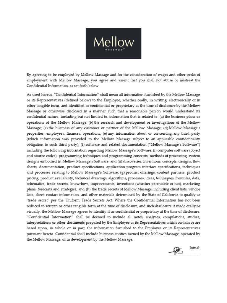 Mellow Massage Confidentiality Agreement(2) | PDF | Confidentiality | Trade Secret