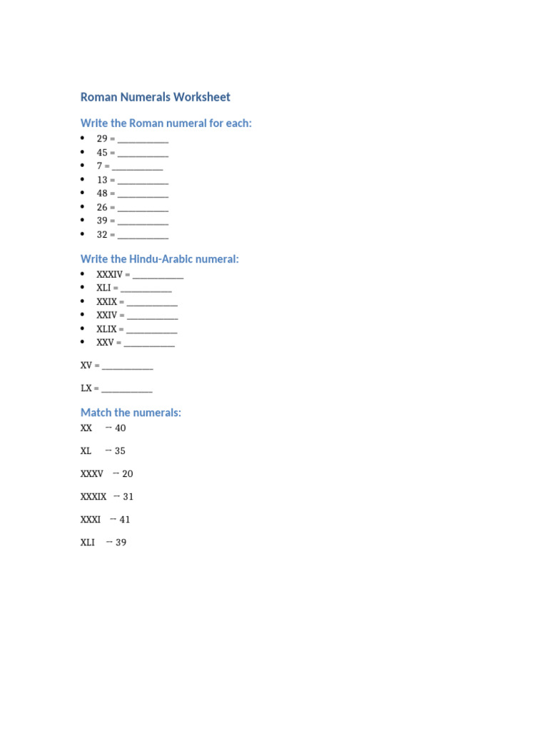 Roman Numerals Worksheet | PDF