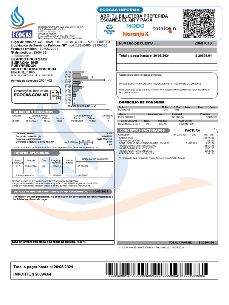 Factura Debito ECOGAS Nro 0400 52734373 000020687618 Cen | PDF | Economias | Dinero