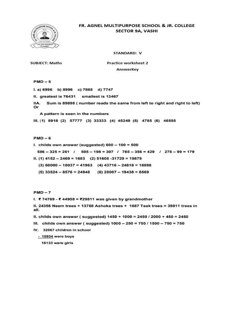 Answer Key - Practice Worksheet 2 - Maths - STD IV | PDF