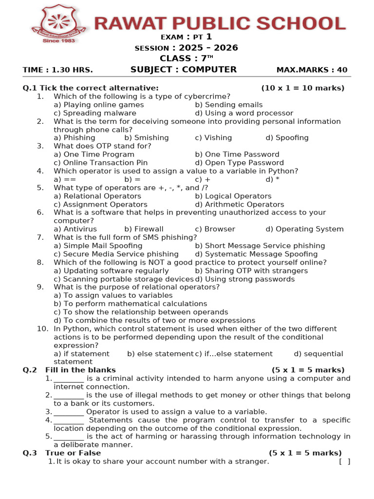 CLASS 7th COMPUTER PT 1 (RPS) | PDF | Phishing | Cybercrime