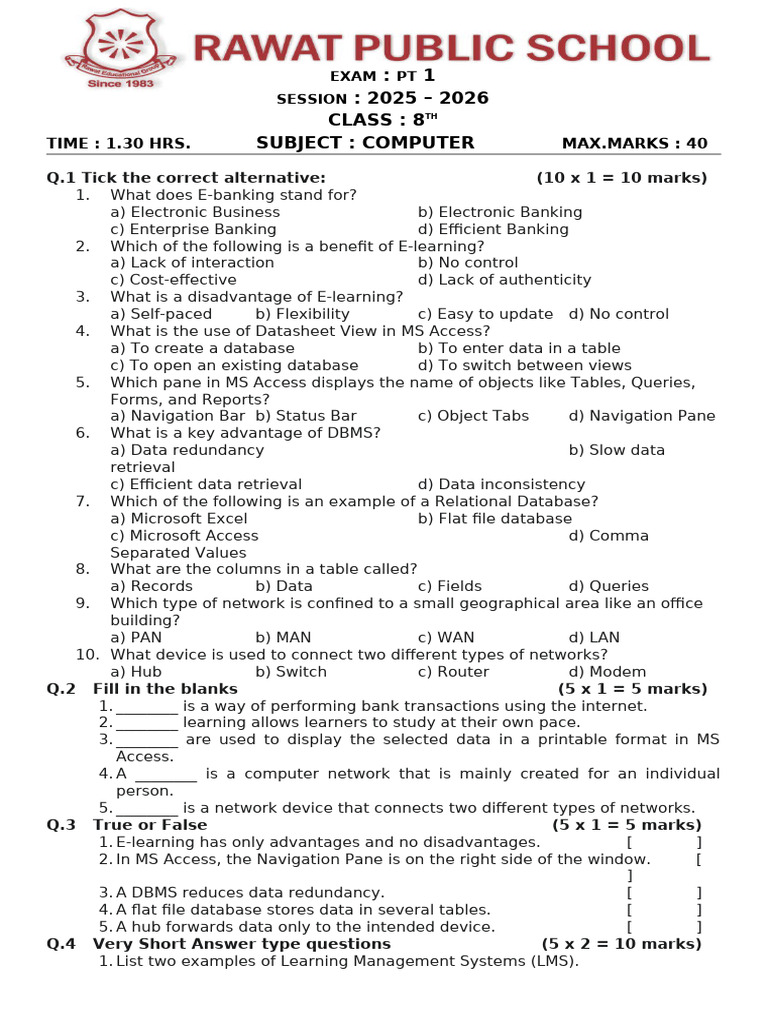 CLASS 8th COMPUTER PT 1 (RPS) | PDF | Computer Network | Databases