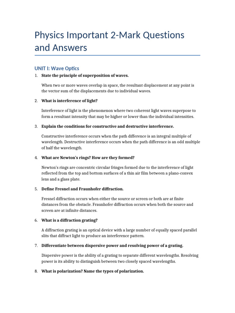 Engineering Physics 2 marks_Questions_and_Answers | PDF | Dielectric | Semiconductors