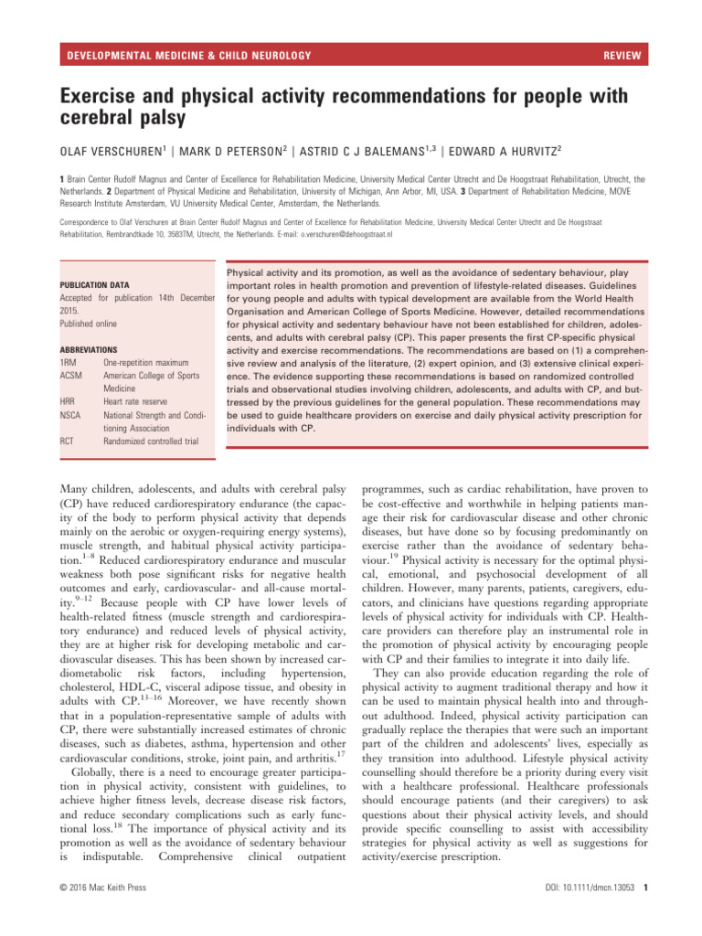 Exercise and Physical Activity Recommendations For People With Cerebral ...
